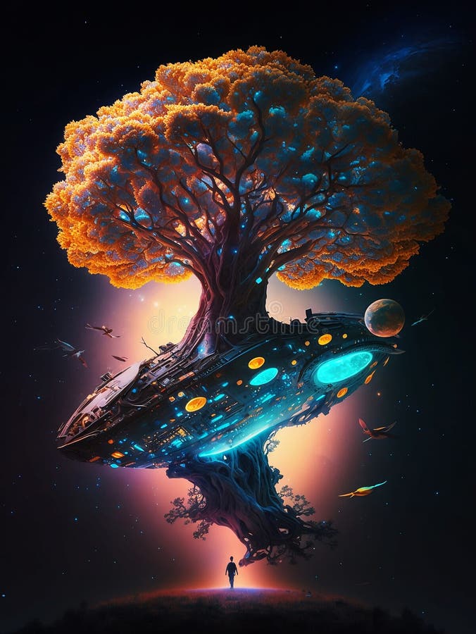 Fantastic Spaceship Tree in Space Stock Illustration - Illustration of ...