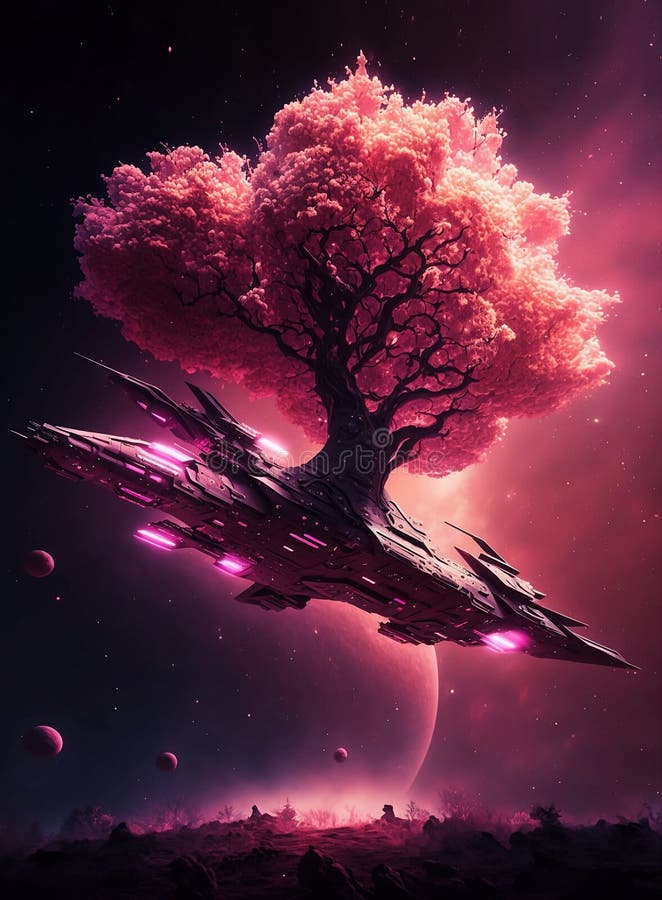 Fantastic Spaceship Tree in Space Stock Illustration - Illustration of ...