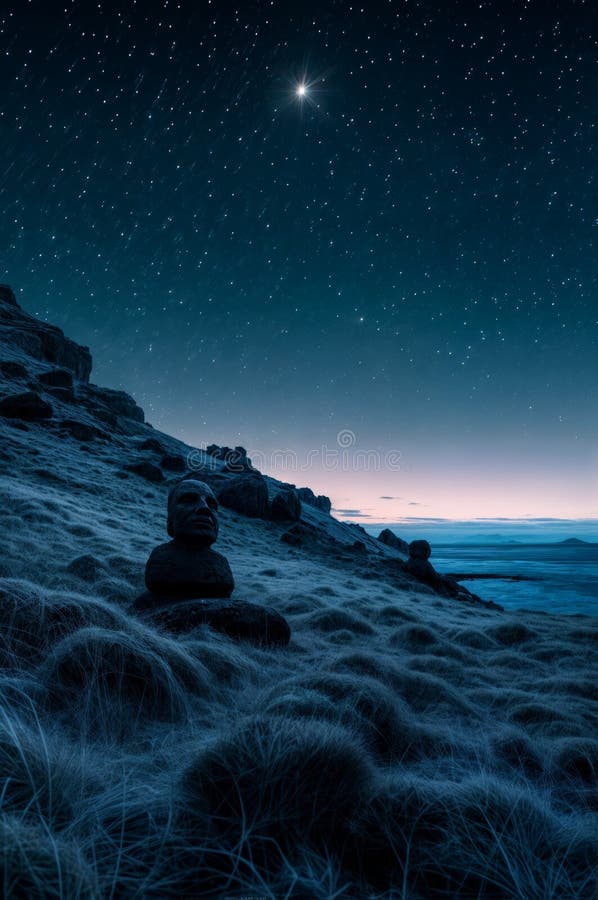 Fantastic Starry Night Landscape with Rocks and Starry Sky Stock ...