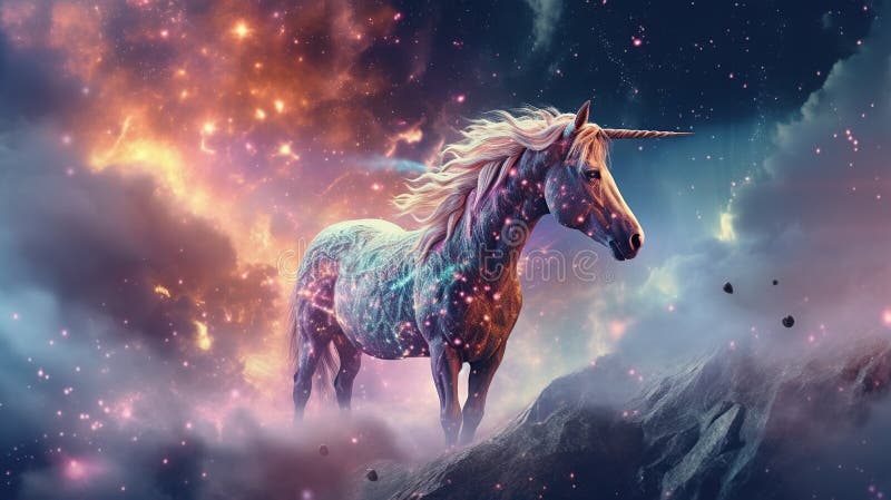 Fantastic Starry Sky, Fluffy Clouds and a Magical Unicorn Generative AI Stock Illustration ...