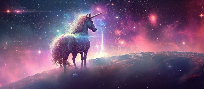 Fantastic Starry Sky, Fluffy Clouds and a Magical Unicorn Generative AI Stock Illustration ...