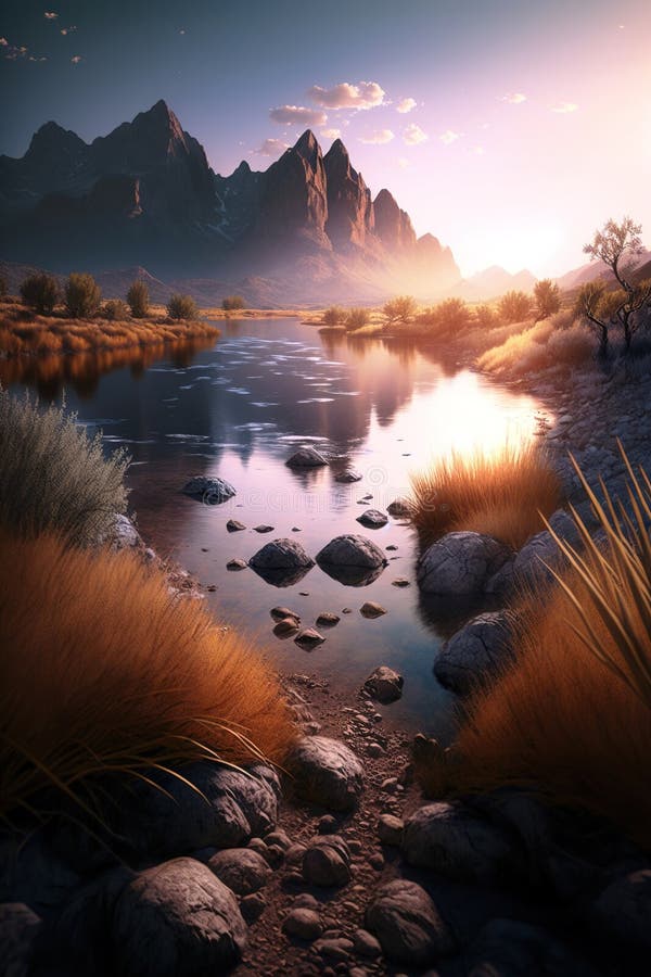Fantastic Sunset by Peaky Mountains by the Lake. Stock Illustration ...