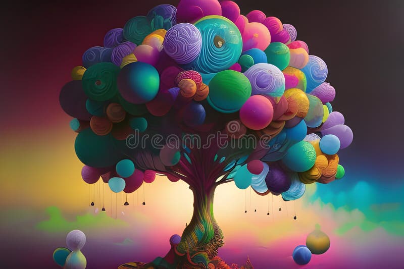Fantastic Tree with Lots of Pastel Helium Balloons Stock Illustration ...