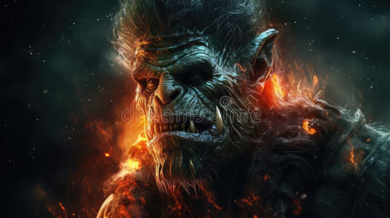 Fantastic Ugly Troll with Big Face, Fire Particles on a Dark Background ...