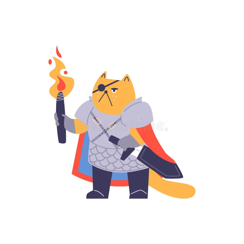 Vector Illustration Warrior Cat with a Eyepatch in Armor with a Torch ...