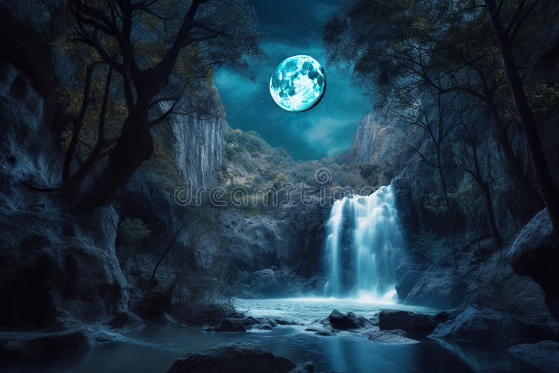 Fantastic Waterfall in the Forest at Night. Generative AI Stock ...