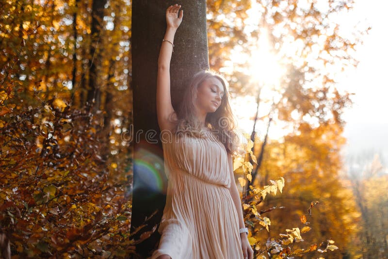 A Fantastic Woman Leaned Against a Tree in an Autumn Forest Stock Image ...