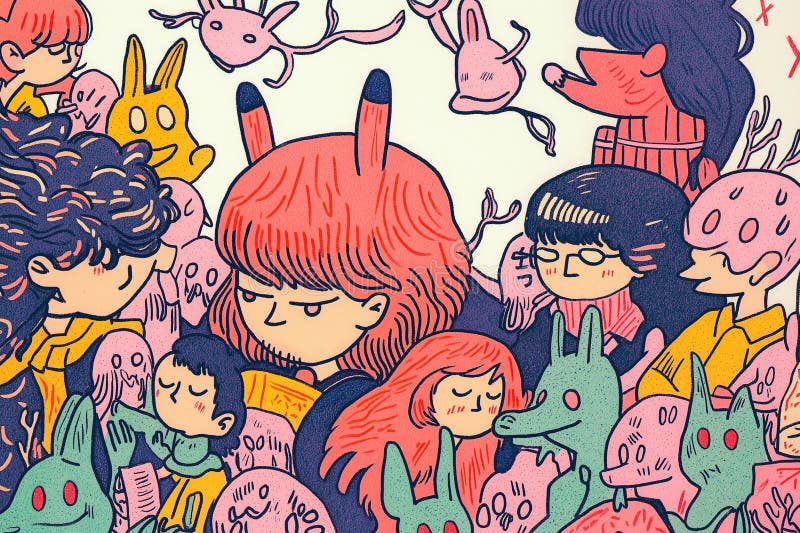 Faces of People and Monsters in a Chaotic Crowd. Stock Illustration ...