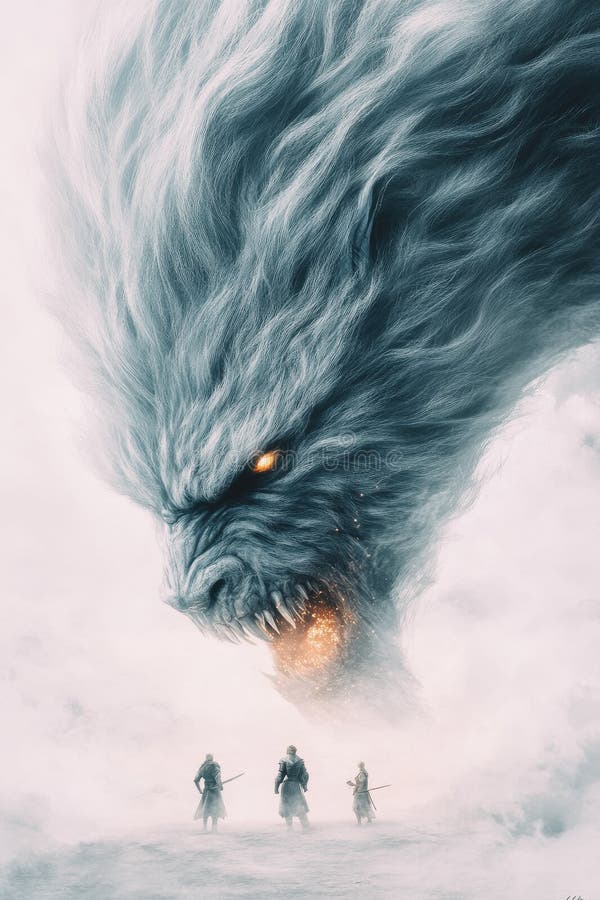 Fantastical Beast Encountered by Brave Warriors in Mythical Landscape ...