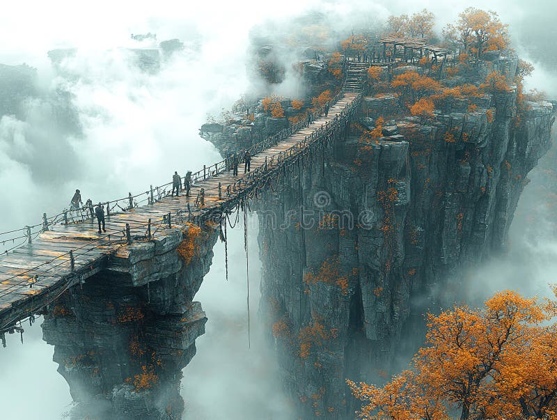 A Fantastical Bridge Spans between Towering Cliffs in a Misty, Old ...