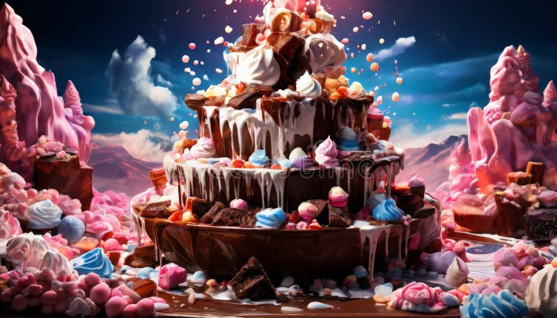 Fantastical Chocolate Cake with Cascading Sweets in a Candyland Setting ...