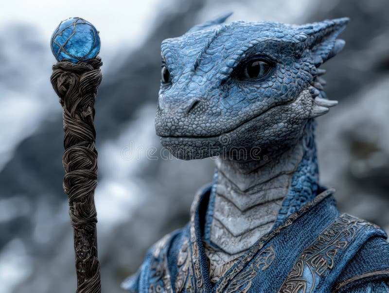 Fantastical Creature with Glowing Blue Scales and a Magical Staff Stock ...
