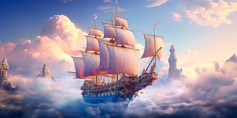 Fantastical Flying Ship Soaring through a Sky Filled with Colorful ...