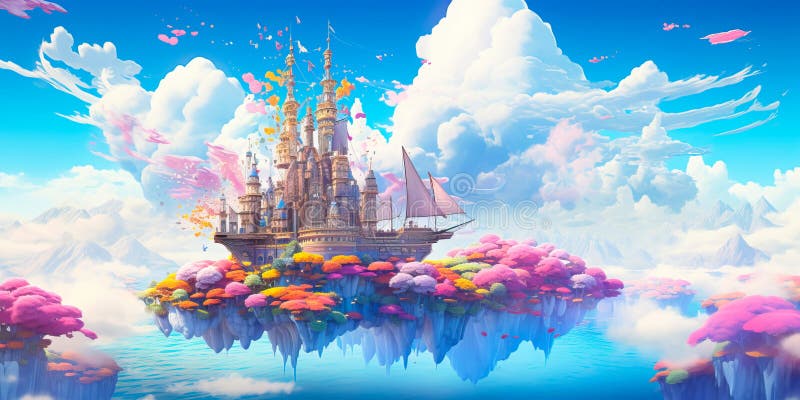 Fantastical Flying Ship Soaring through a Sky Filled with Colorful ...