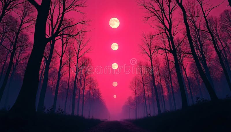 Fantastical Forest with Vivid Pink Sky and Vertical Alignment of Moons ...
