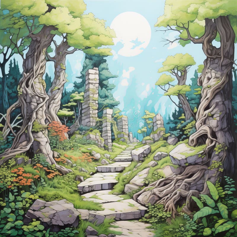 Fantastical Forest Path: Manga-inspired Illustration of Harmonious ...
