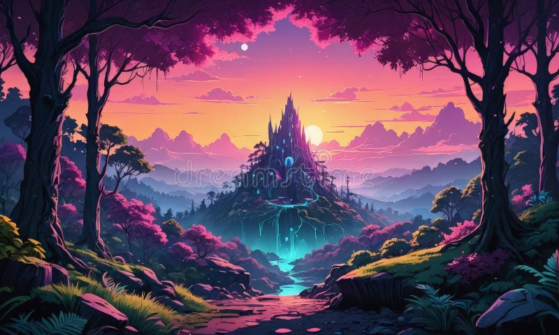 Fantastical Forest Scene at Sunset, Featuring Towering Pyramid-shaped ...