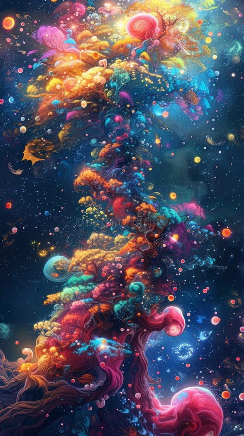 A Fantastical Illustration of a Colorful Tree Adorned with Cosmic ...