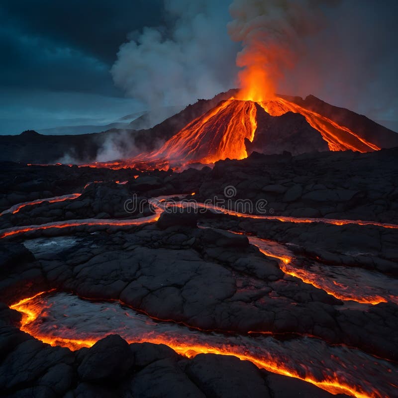 Diapsid Reptile Silhouetted Against Lava and Erupting Geysers Stock ...