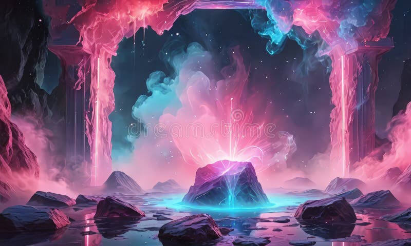 Fantastical Landscape Features Central Rock Formation with Radiant Blue ...