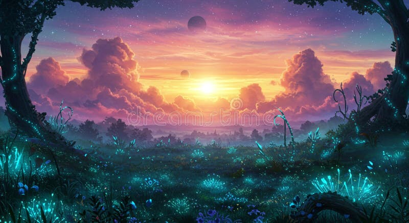 A Fantastical Landscape Featuring an Otherworldly Sunset with Two Moons ...