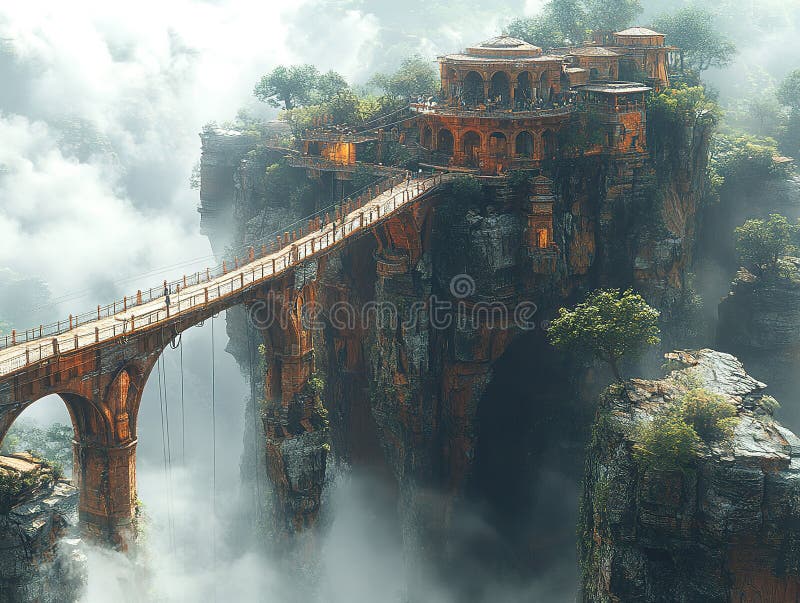 A Fantastical Landscape Featuring a Sturdy Stone Bridge Across a Deep ...