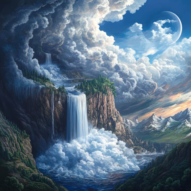 Fantastical Landscape with Giant Waterfall and Dramatic Sky Stock Image ...