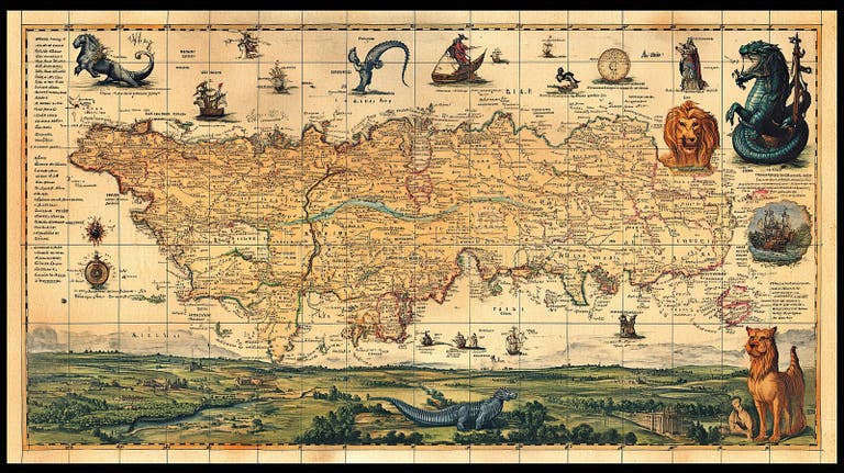 Fantastical Map of a Mythical Land, Adorned with Mythical Creatures and ...