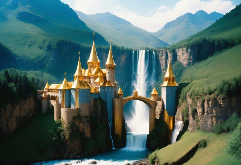 A Fantastical Medieval Castle or Palace with Ornate Golden Domes Stock ...