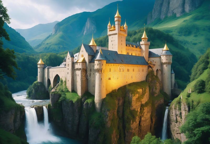 A Fantastical Medieval Castle or Palace with Ornate Golden Domes Stock ...