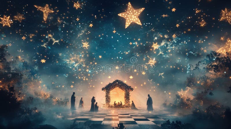 Fantastical Nativity Scene Featuring Floating Elements, Abstract Forms ...