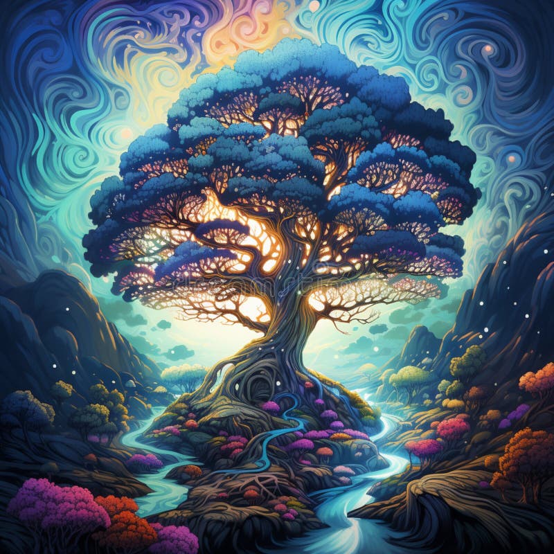 Fantastical Psychedelic Tree Illustration Stock Illustration ...