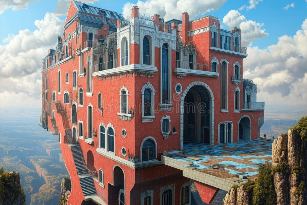 A Fantastical Red Mansion Perched on a Cliff Edge Above a Misty Chasm ...