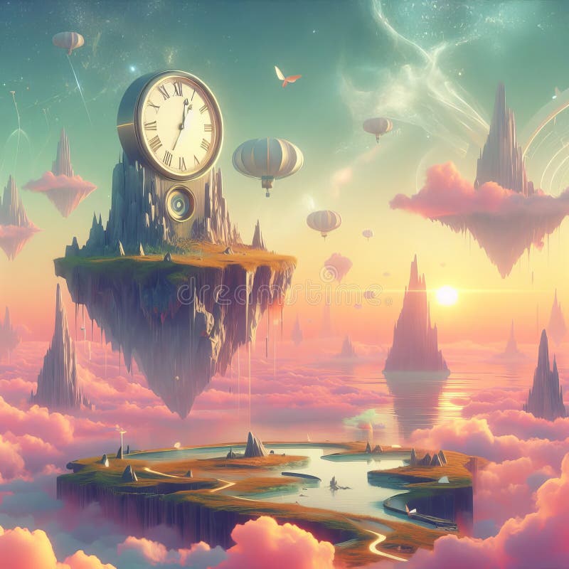 Surreal Floating Island with Clock Tower and Hot Air Balloons Stock ...