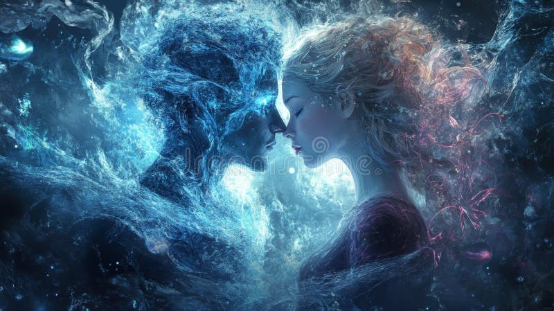 Fantastical Scene of Two Elemental Beings Intimately Connected Stock ...