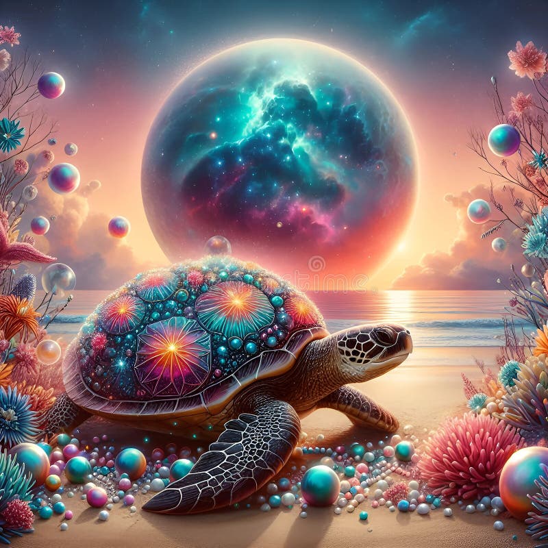 Fantastical Sea Turtle with Cosmic Shell on Dreamy Beach. Stock ...