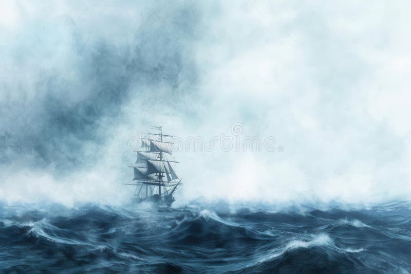 Fantastical Ship Navigating through a Stormy Sea, Surrounded by Mist ...