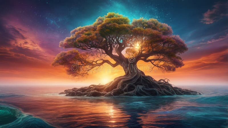 Fantastical Tree Growing in the Middle of the Ocean Stock Illustration ...