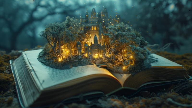 A Fantastical World Nestled within the Pages of an Open Book. Concept ...