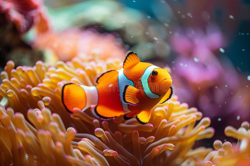 A Fantastically Beautiful Bright Clownfish Swims in Sea among the ...