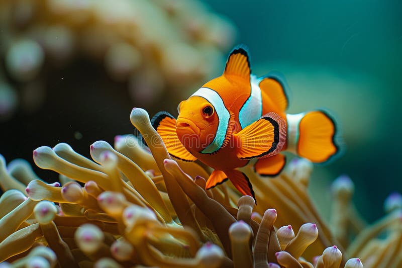 A Fantastically Beautiful Bright Clownfish Swims in Sea among the ...