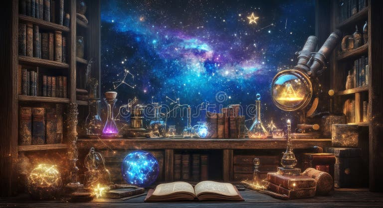 A Fantasy Alchemist S Study Features a Globe, Map, and an Assortment of ...