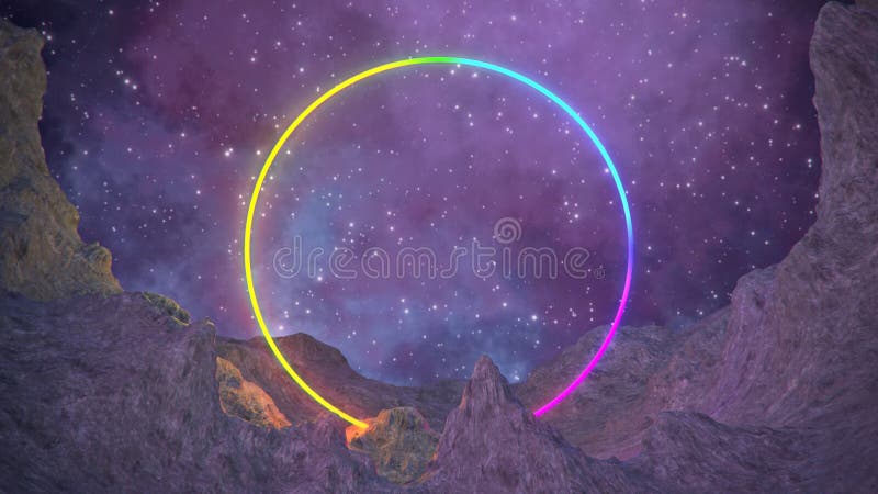 Fantasy Alien Landscape with Neon Ring 3D Render Stock Illustration ...