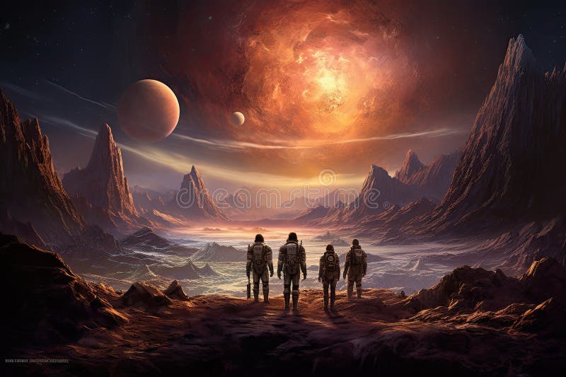 Fantasy Alien Planet, Astronauts Walking on Red Planet Stock ...