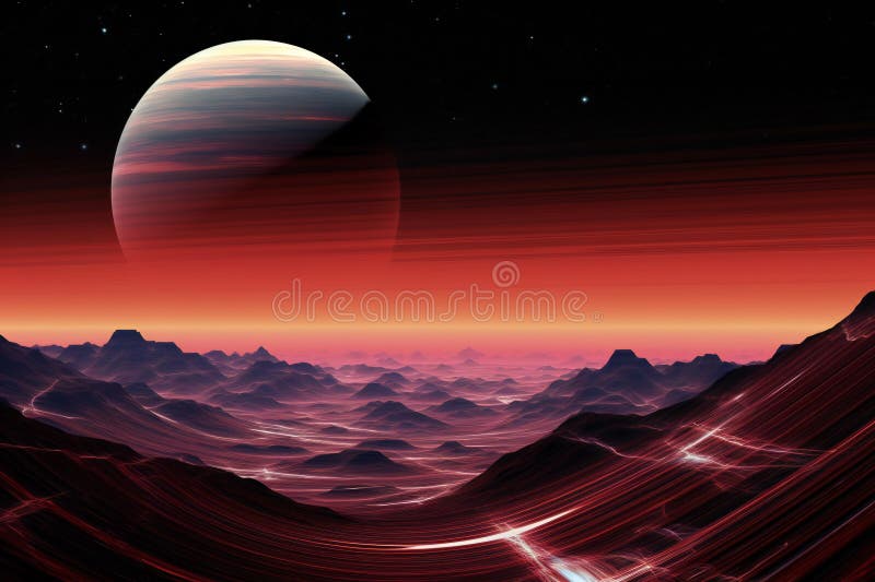Fantasy Alien Planet in Deep Space, Mountain Range Stock Illustration ...