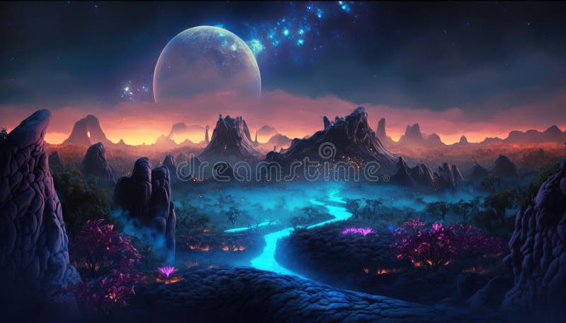 Fantasy Alien Planet. Mountain and River Stock Illustration ...