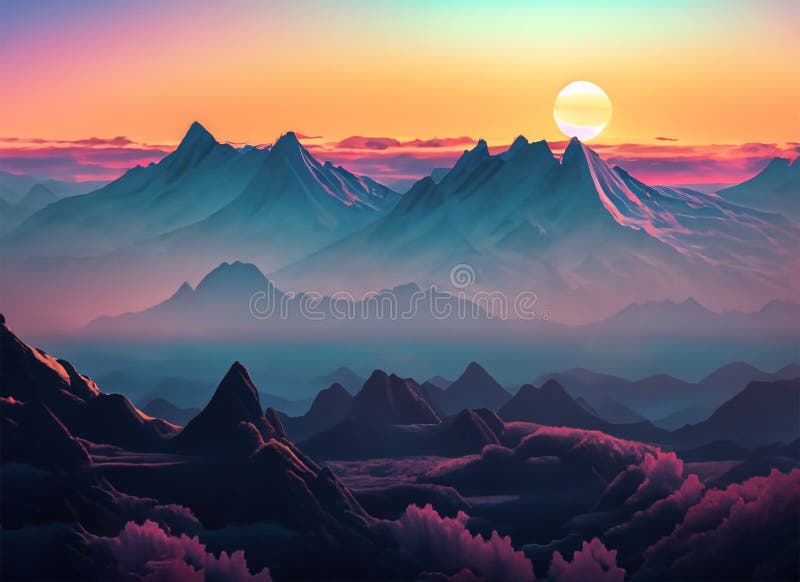 Fantasy Alien Planet. Mountain and Sunset. 3D Illustration Stock ...