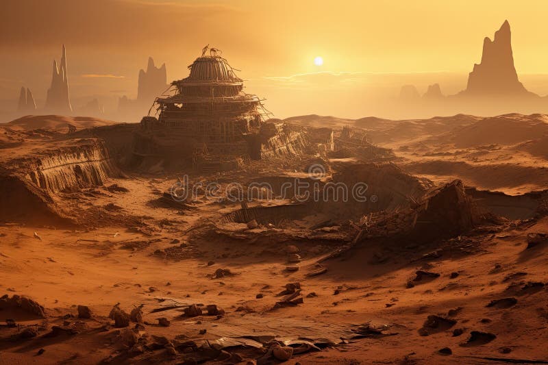 Fantasy Alien Planet. Mountain and Temple Complex Stock Illustration ...
