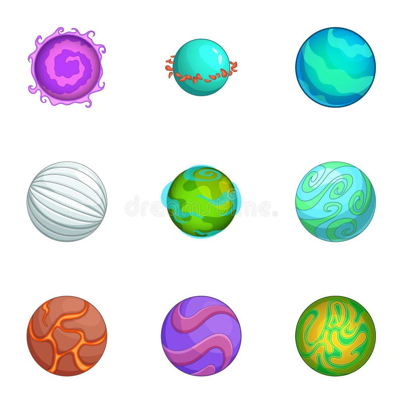 Fantasy Alien Planets Icons Set, Cartoon Style Stock Vector ...