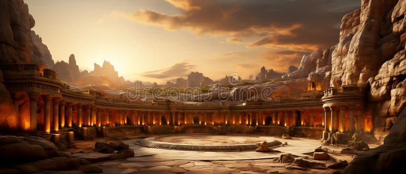 Fantasy Amphitheater at Sunny Time in Greece, Italy. Stock Illustration ...